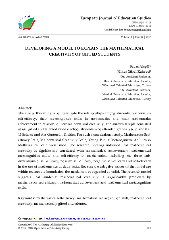 (PDF) DEVELOPING A MODEL TO EXPLAIN THE MATHEMATICAL CREATIVITY OF ...