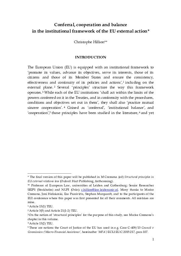 (PDF) Conferral, cooperation and balance in the institutional framework ...