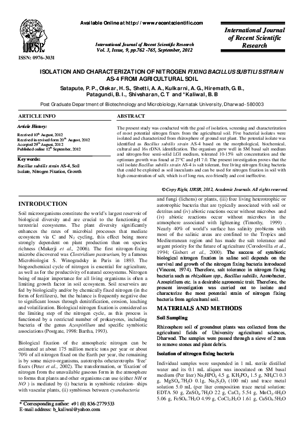 (PDF) ISOLATION AND CHARACTERIZATION OF NITROGEN FIXING BACILLUS SUBTILIS STRAIN AS-4 FROM ...