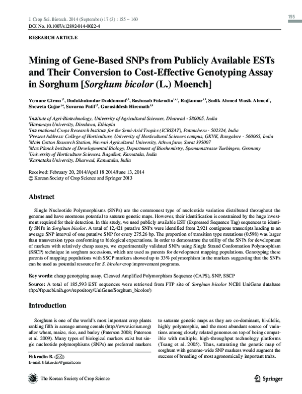 (PDF) Mining of Gene-Based SNPs from Publicly Available ESTs and Their Conversion to Cost ...