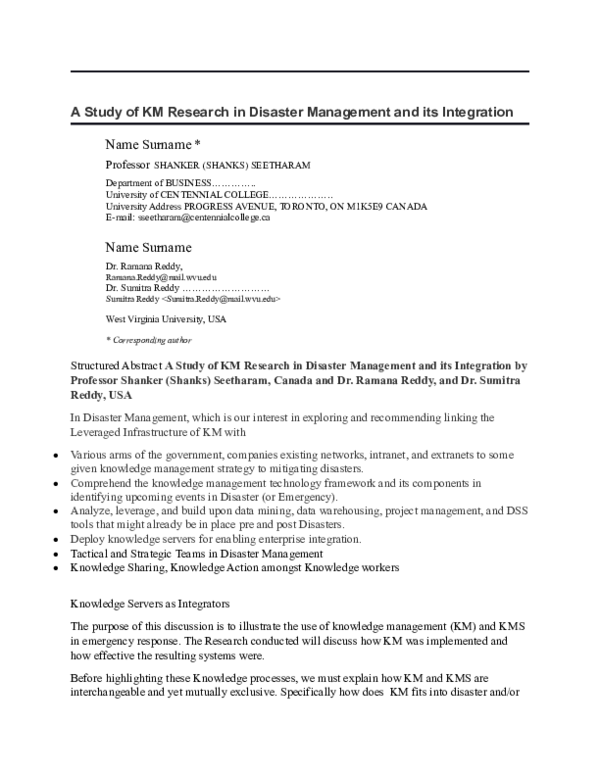 (DOC) A Study of KM Research in Disaster Management and its Integration ...