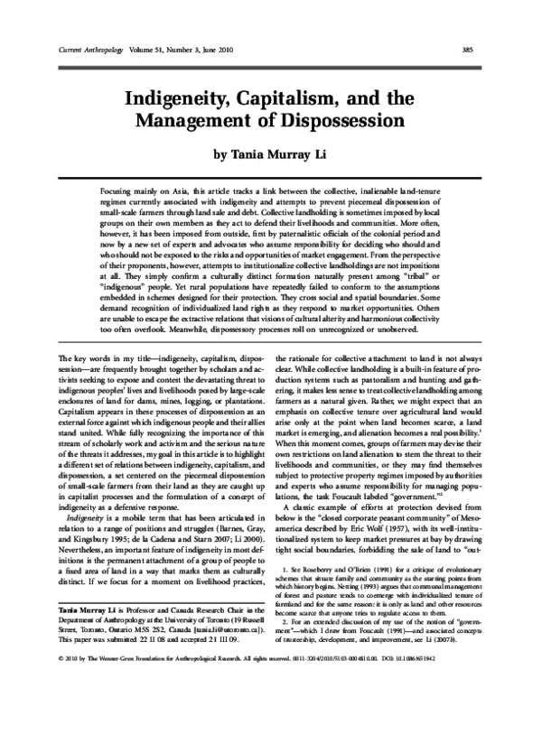 (PDF) Indigeneity, capitalism, and the management of dispossession