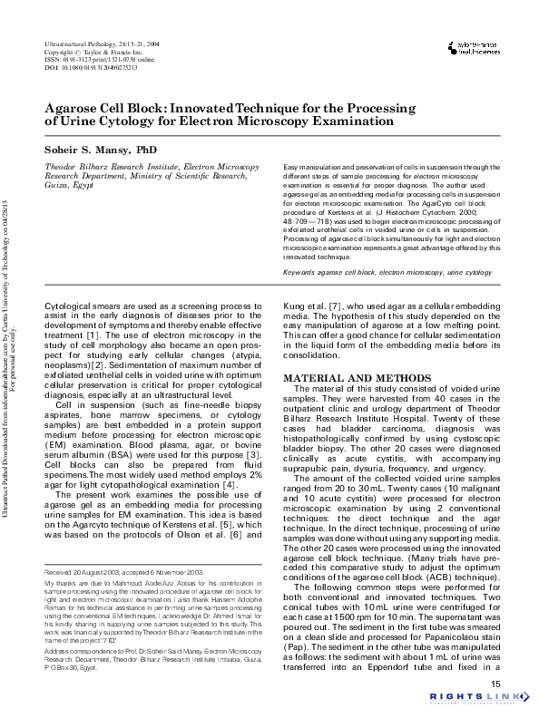 (PDF) Agarose Cell Block: Innovated Technique for the Processing of ...