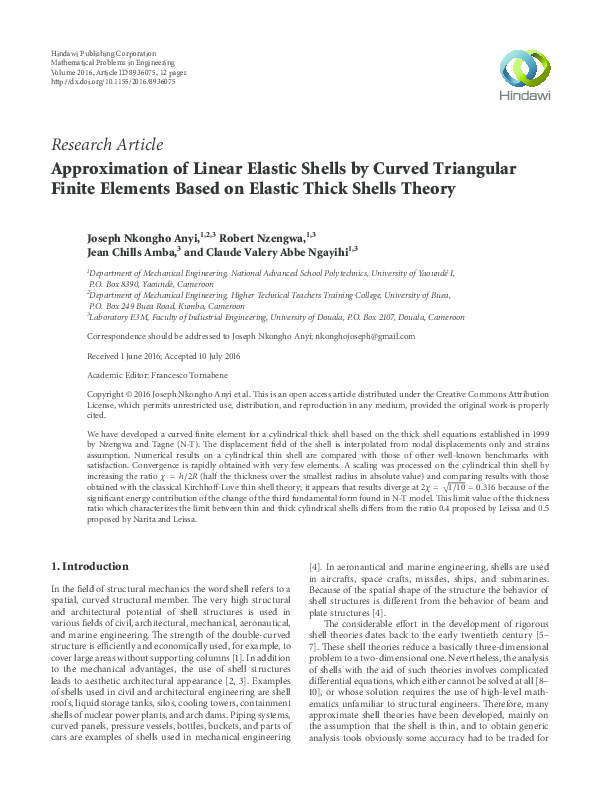 (PDF) Approximation of Linear Elastic Shells by Curved Triangular Finite Elements Based on ...