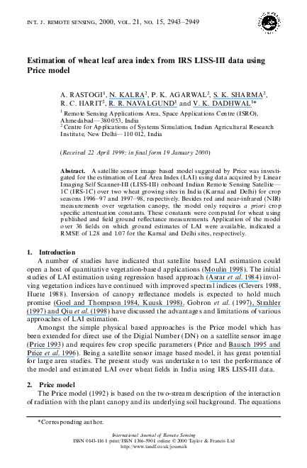 Pdf Estimation Of Wheat Leaf Area Index From Irs Liss Iii Data Using Price Model