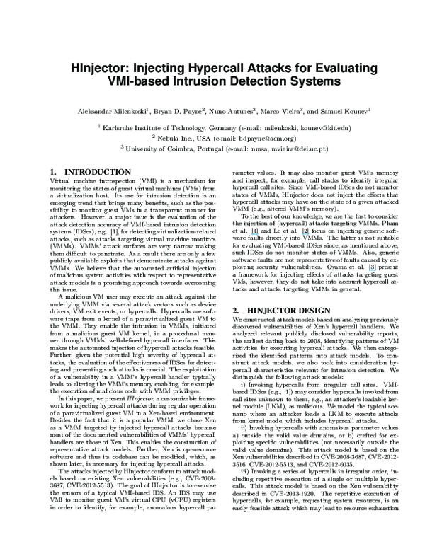 (PDF) HInjector: Injecting Hypercall Attacks for Evaluating VMI-based Intrusion Detection Systems