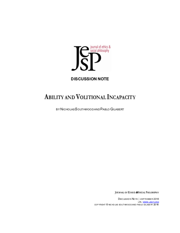 (PDF) Ability and Volitional Incapacity (Journal of Ethics and Social ...