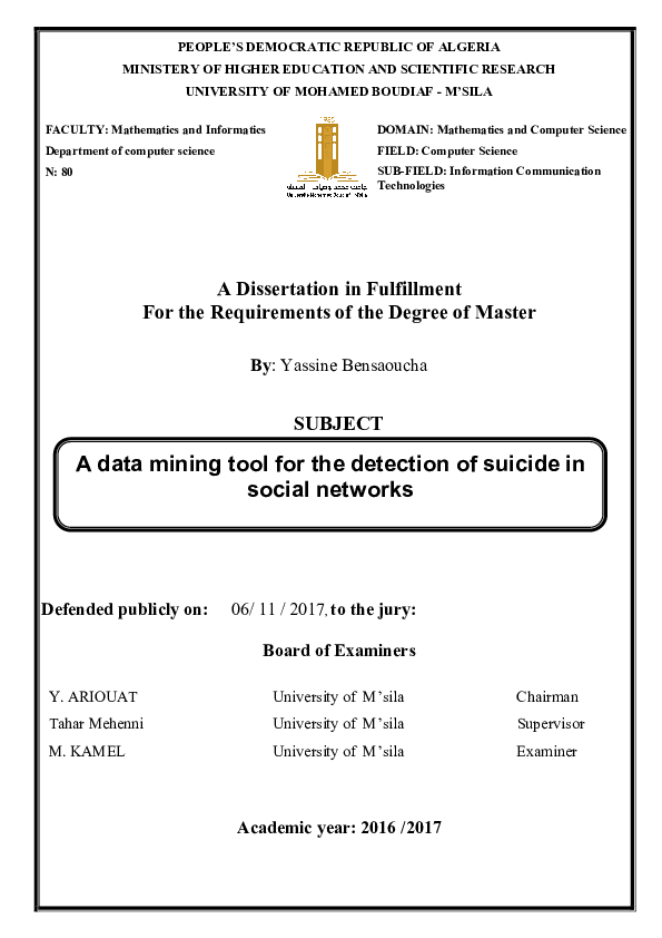 Pdf A Data Mining Tool For The Detection Of Suicide In Social Networks