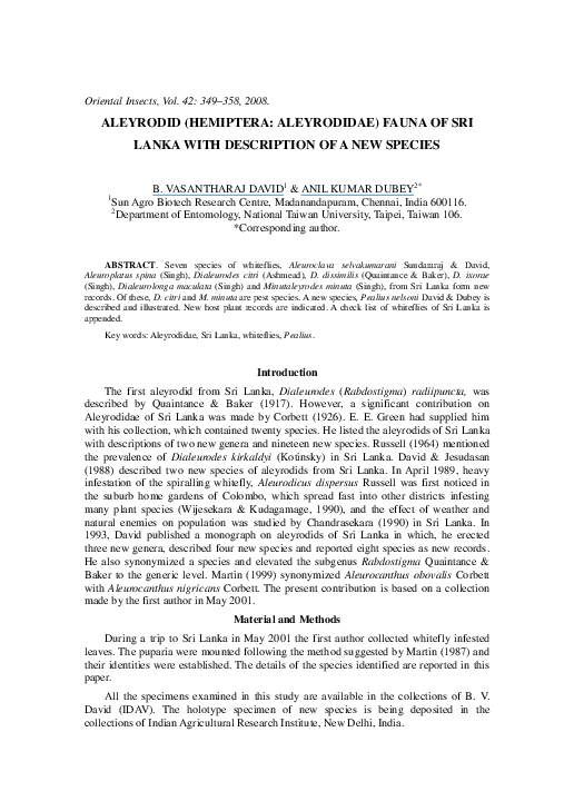 (PDF) Aleyrodid (Hemiptera: Aleyrodidae) fauna of Sri Lanka with description of a new species