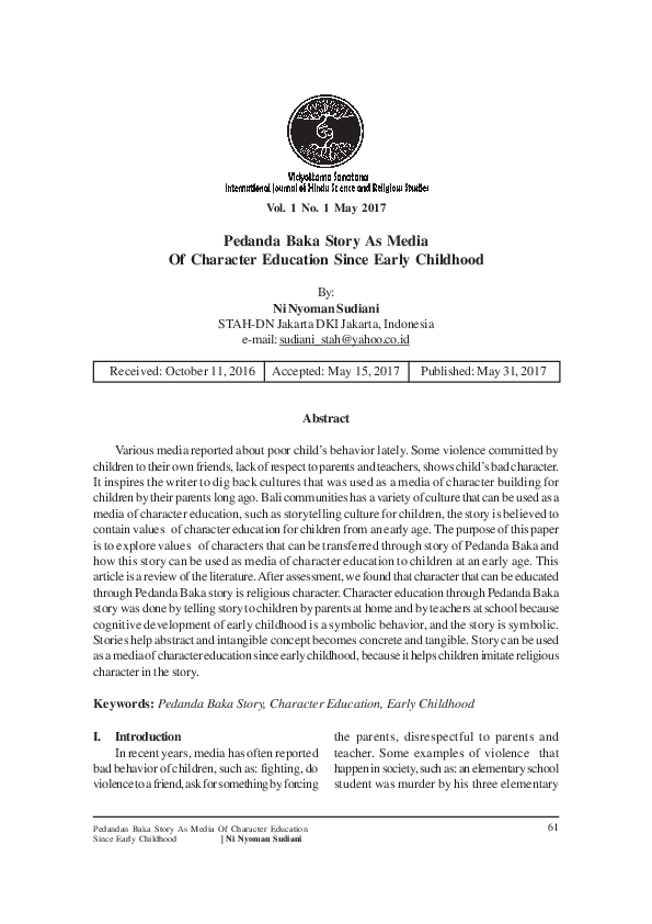 (PDF) Pedanda Baka Story As Media Of Character Education Since Early Childhood | Vidyottama ...