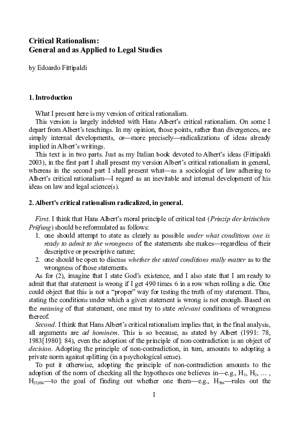 (DOC) Critical Rationalism, General and as Applied to Legal Studies