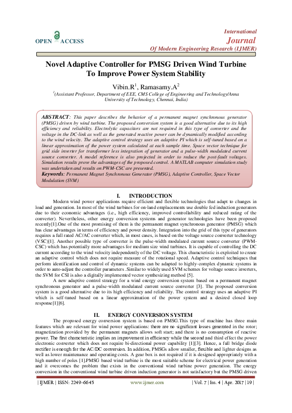 (PDF) Novel Adaptive Controller for PMSG Driven Wind Turbine To Improve Power System Stability