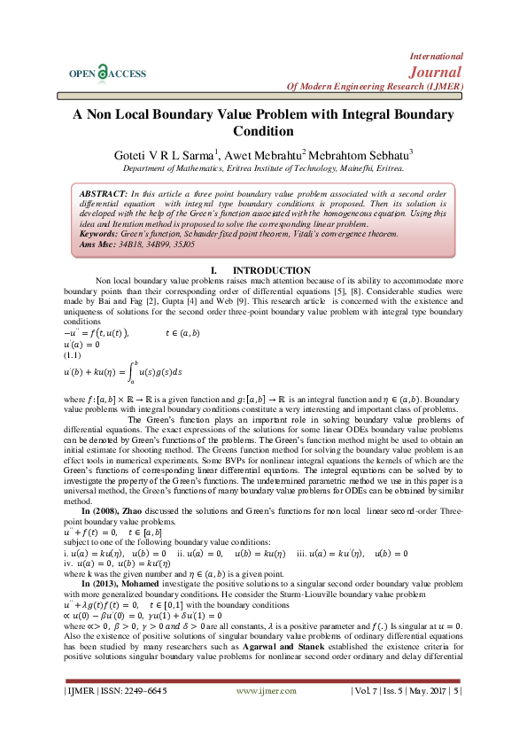 Pdf A Non Local Boundary Value Problem With Integral Boundary Condition