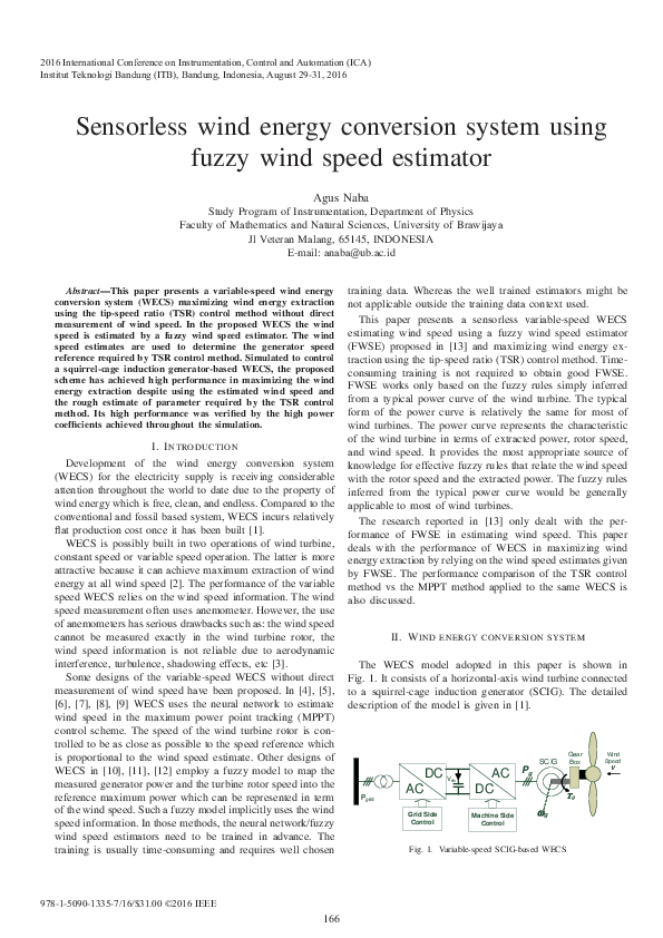 (PDF) Sensorless wind energy conversion system using fuzzy wind speed ...