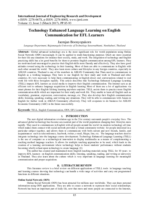 (PDF) Technology Enhanced Language Learning on English Communication for EFL Learners