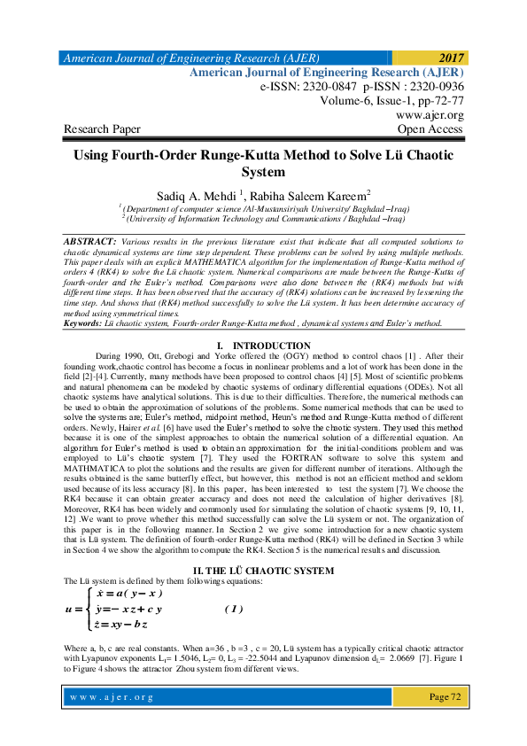 Pdf Using Fourth Order Runge Kutta Method To Solve Lü Chaotic System