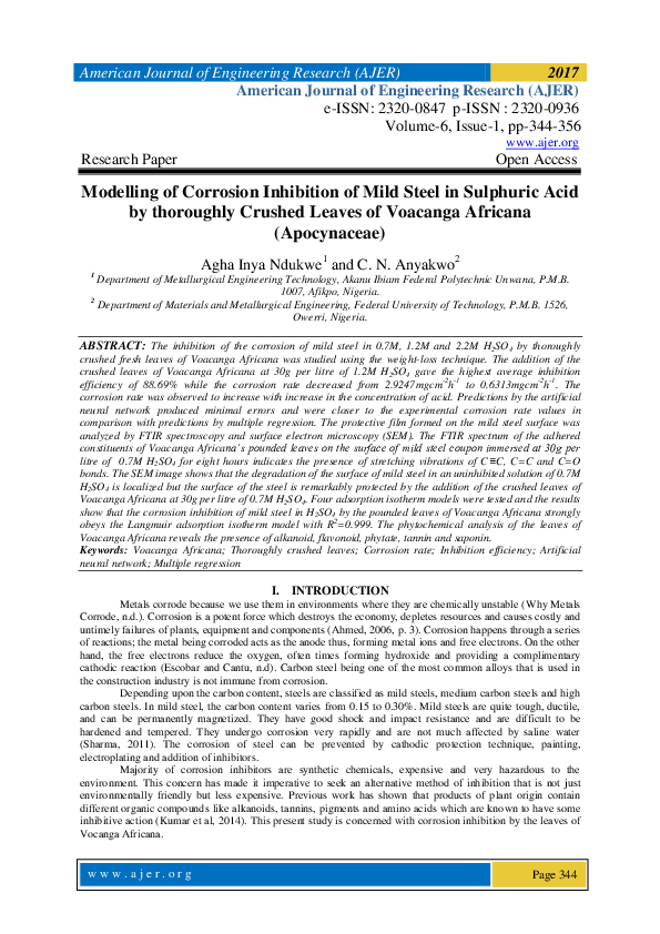 (PDF) Modelling of Corrosion Inhibition of Mild Steel in Sulphuric Acid by thoroughly Crushed ...