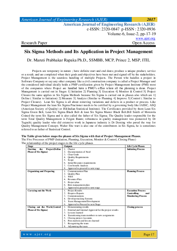 (PDF) Six Sigma Methods and Its Application in Project Management