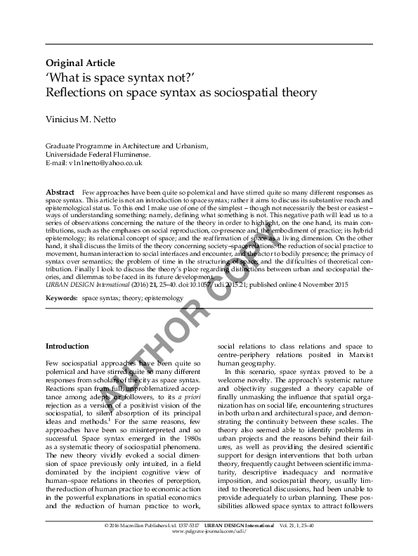 (PDF) “What is space syntax not?” Reflections on space syntax as sociospatial theory (published ...