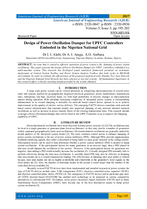 (PDF) Design of Power Oscillation Damper for UPFC Controllers Embeded in the Nigerian National Grid
