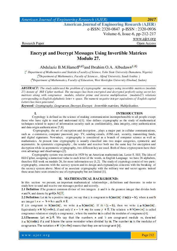 (PDF) Encrypt and Decrypt Messages Using Invertible Matrices Modulo 27
