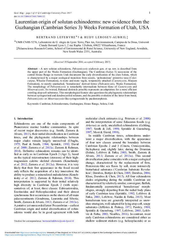 (PDF) Laurentian origin of solutan echinoderms: new evidence from the ...