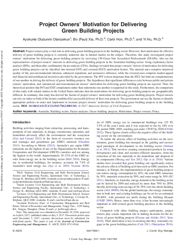 (PDF) Project Owners' Motivation for Delivering Green Building Projects