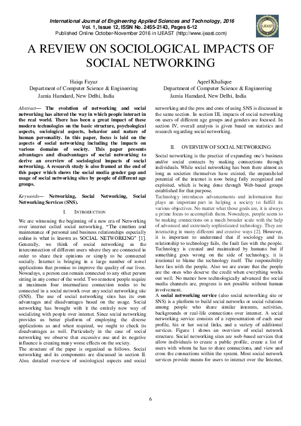 (PDF) A REVIEW ON SOCIOLOGICAL IMPACTS OF SOCIAL NETWORKING
