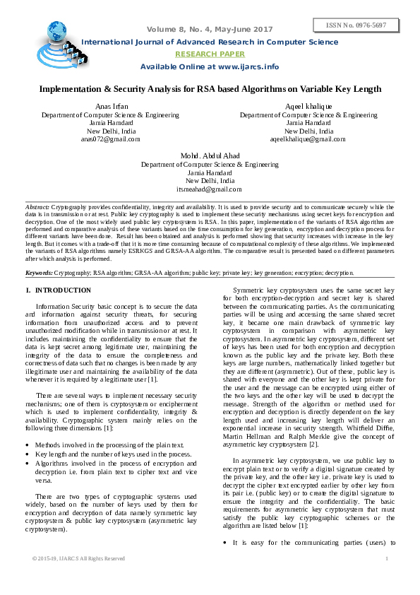 Pdf Implementation And Security Analysis For Rsa Based Algorithms On Variable Key Length