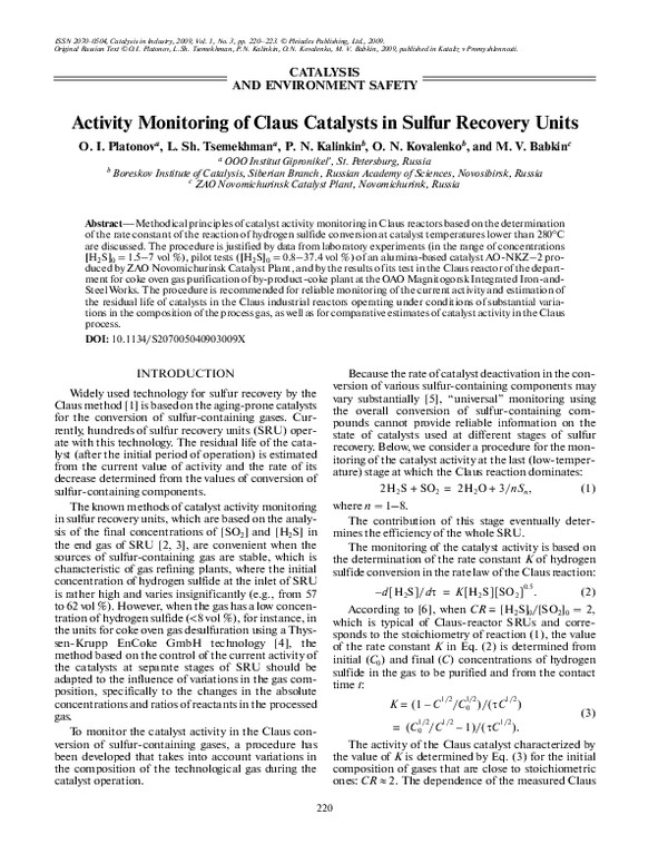 (PDF) Activity monitoring of Claus catalysts in sulfur recovery units