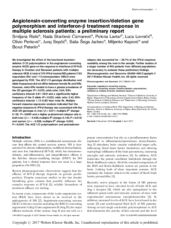 (PDF) Angiotensin-converting enzyme insertion/deletion gene polymorphism and interferon-β ...