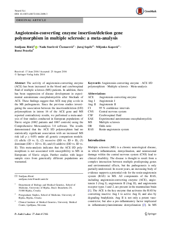 (PDF) Angiotensin-converting enzyme insertion/deletion gene polymorphism in multiple sclerosis ...
