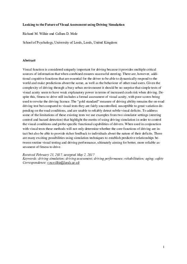 (PDF) Looking to the Future of Visual Assessment using Driving ...