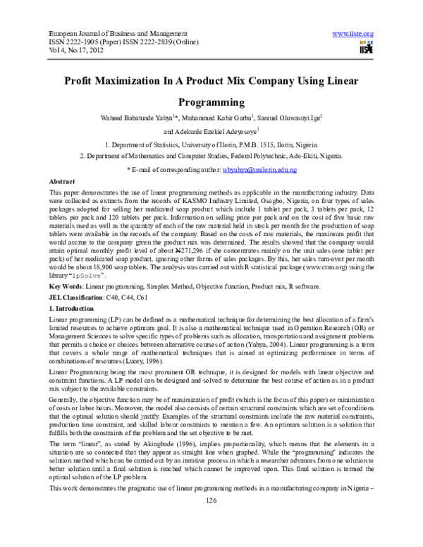 Pdf Profit Maximization In A Product Mix Company Using Linear Programming