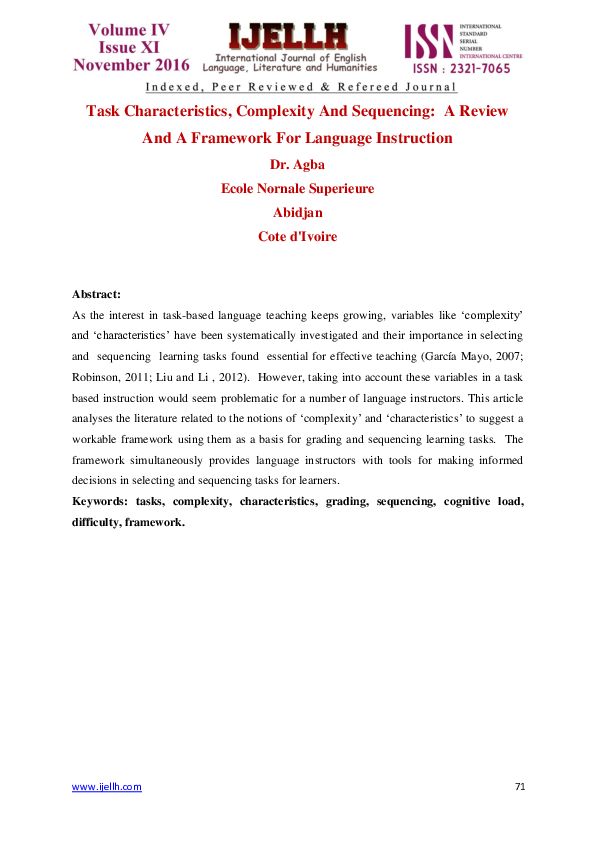 Pdf Task Characteristics Complexity And Sequencing A Review And A Framework For Language