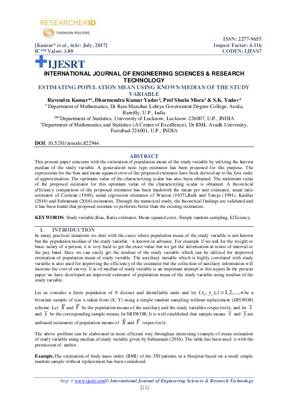 (PDF) ESTIMATING POPULATION MEAN USING KNOWN MEDIAN OF THE STUDY VARIABLE