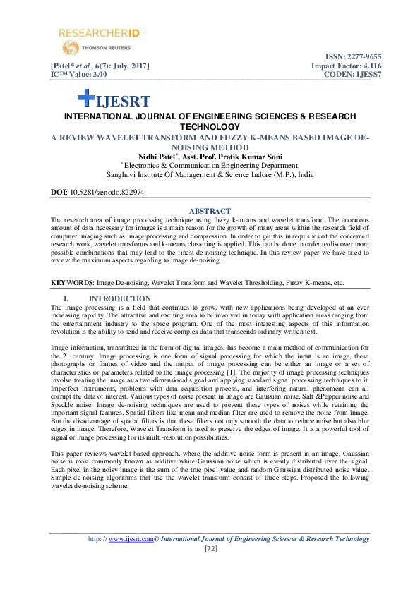 Pdf A Review Wavelet Transform And Fuzzy K Means Based Image De
