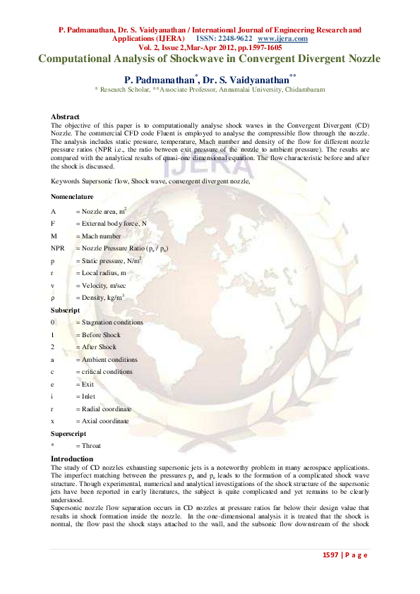 (PDF) Computational Analysis of Shockwave in Convergent Divergent Nozzle