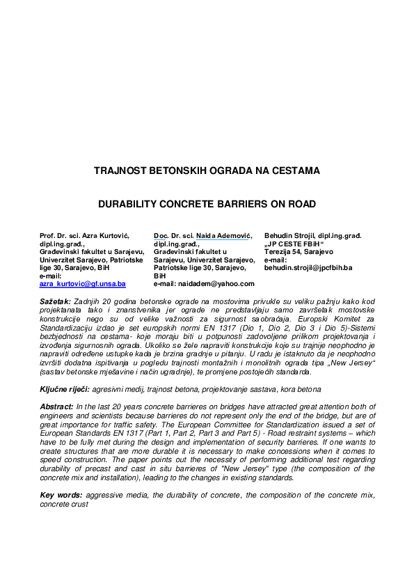 (PDF) Trajnost Betonskih Ograda Na Cestama Durability Concrete Barriers ...