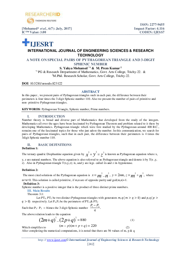 (PDF) A NOTE ON SPECIAL PAIRS OF PYTHAGOREAN TRIANGLE AND 3-DIGIT ...