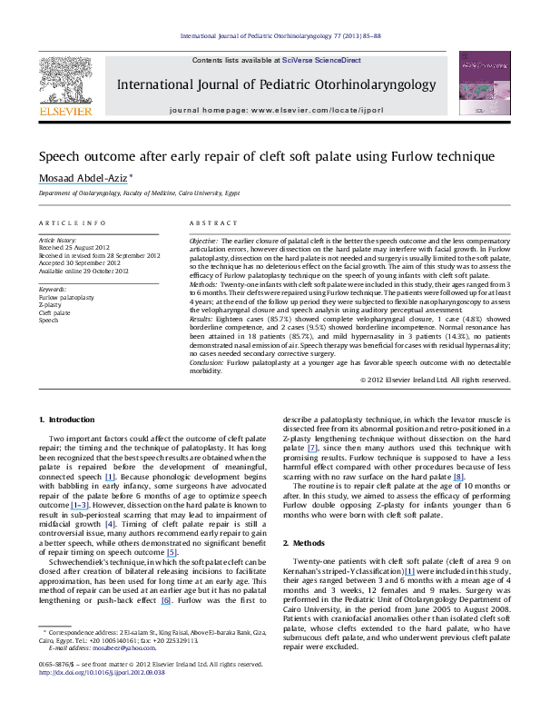 (PDF) Speech outcome after early repair of cleft soft palate using ...