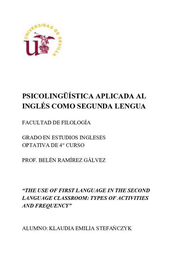 (PDF) PSICOLINGÜÍSTICA APLICADA AL INGLÉS COMO SEGUNDA LENGUA " THE USE OF FIRST LANGUAGE IN THE ...