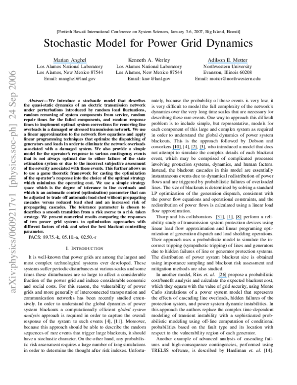 Pdf Stochastic Model For Power Grid Dynamics