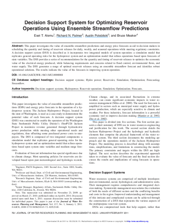 Pdf A Decision Support System For Optimizing Reservoir Operations Using Ensemble Streamflow