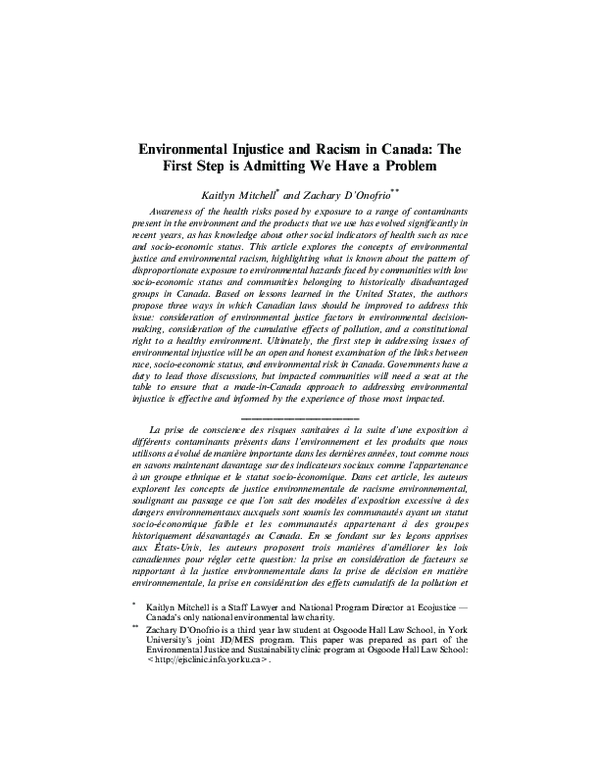 (PDF) Environmental Injustice and Racism in Canada: The First Step is ...