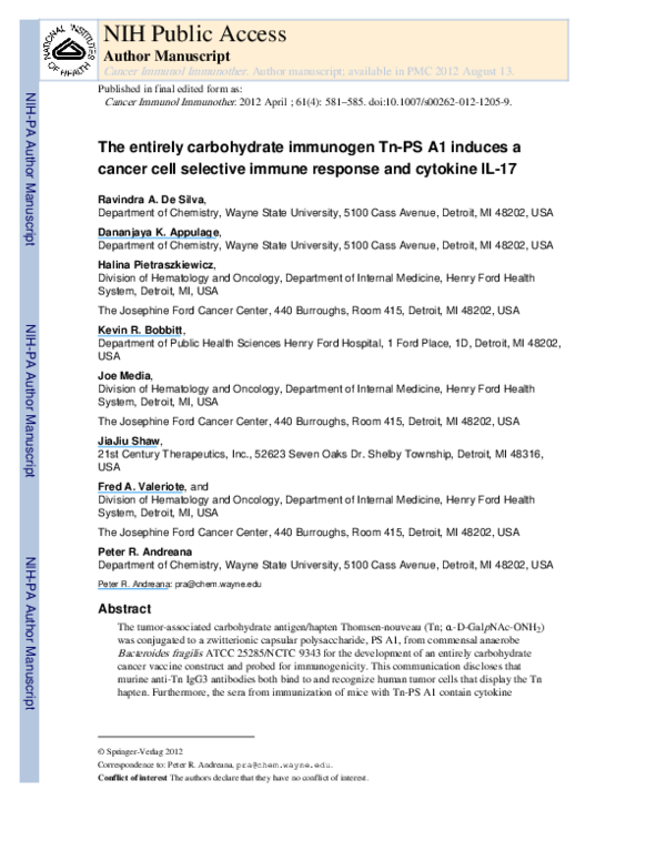 (PDF) The entirely carbohydrate immunogen Tn-PS A1 induces a cancer ...