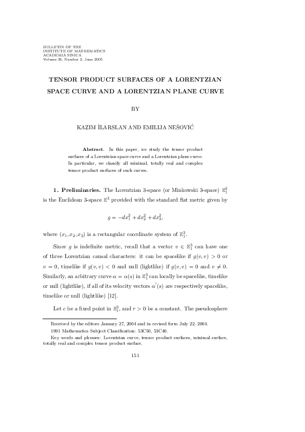 (PDF) TENSOR PRODUCT SURFACES OF A LORENTZIAN SPACE CURVE AND A ...
