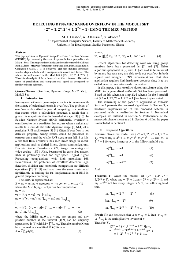 Pdf Detecting Dynamic Range Overflow In The Moduli Set 𝟐𝒏−𝟏𝒏𝟐𝒏𝟏𝟐𝟐𝒏𝟏 Using The Mrc Method