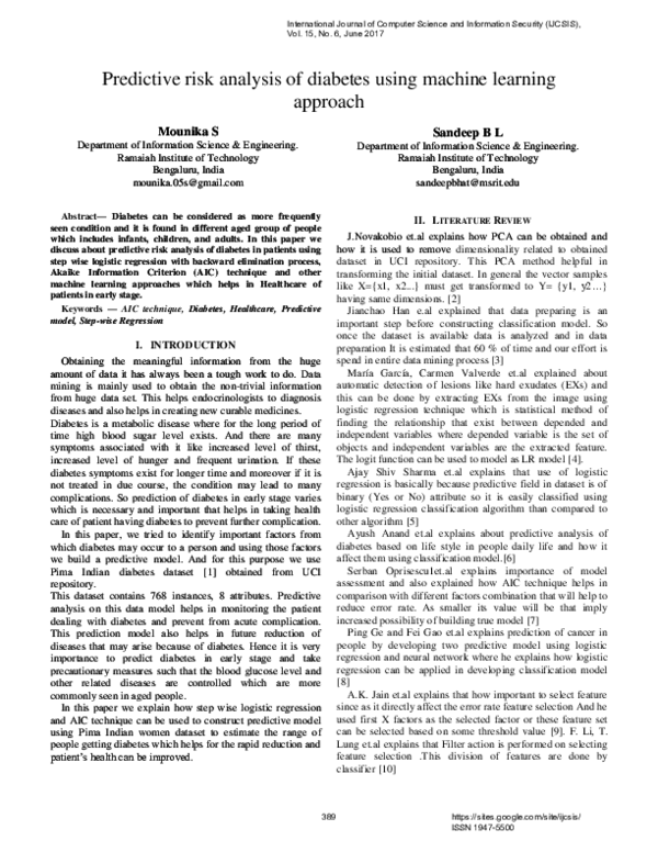Pdf Predictive Risk Analysis Of Diabetes Using Machine Learning Approach
