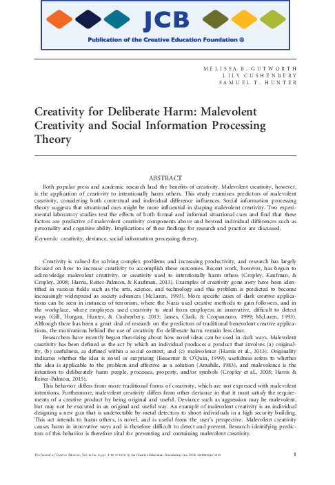 (PDF) Creativity for Deliberate Harm: Malevolent Creativity and Social ...